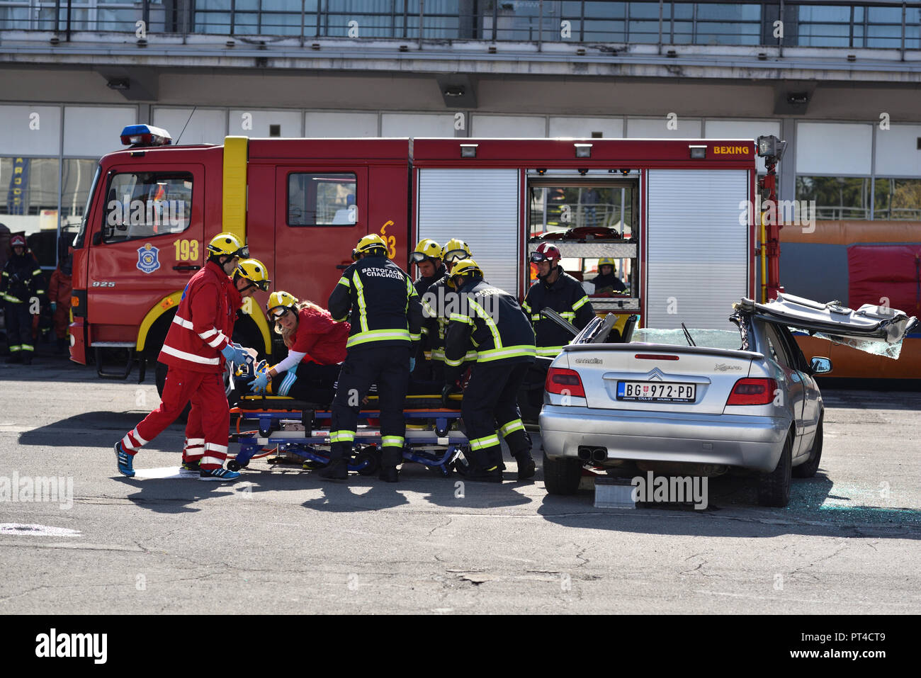 Belgrade, Serbia - October 03, 2018: Firemen saving man from car crash ...