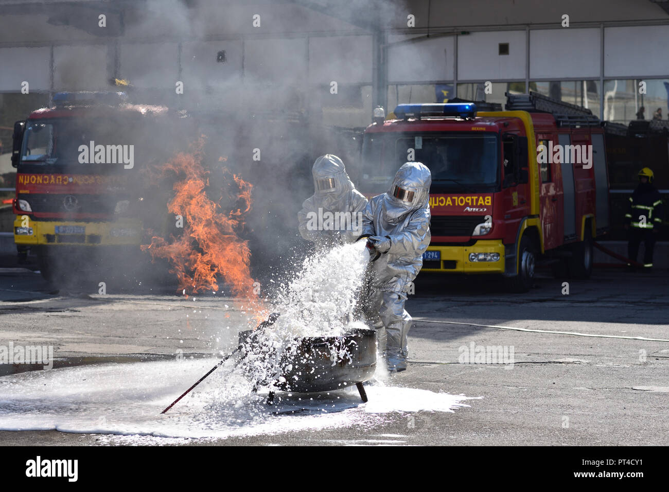 Belgrade, Serbia - October 03, 2018: Firemen combating fire during ...