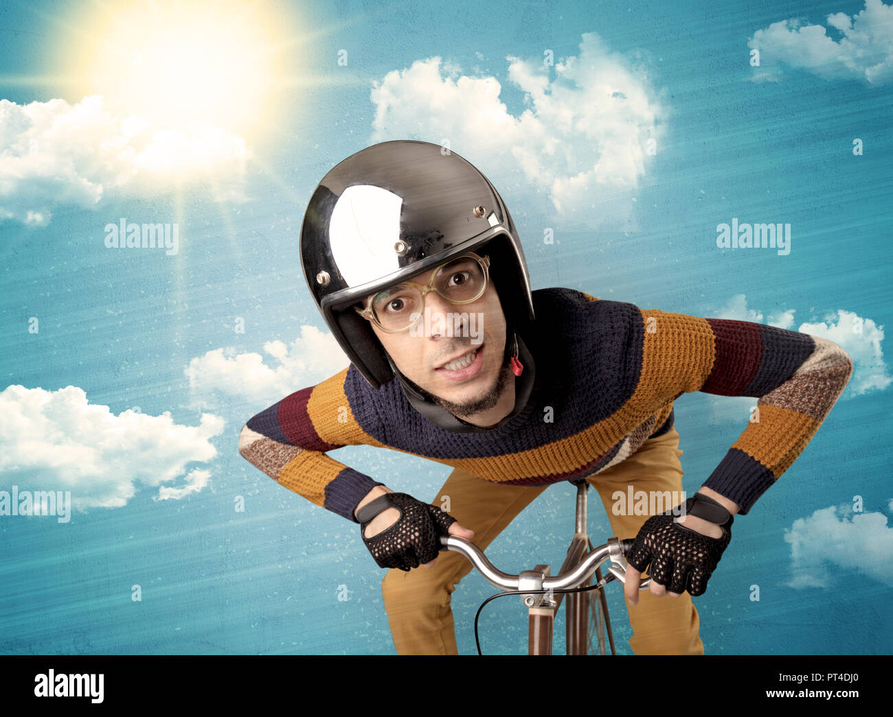 Nerd, crazy stylish rider on the bicycle with sunny weather Stock Photo ...