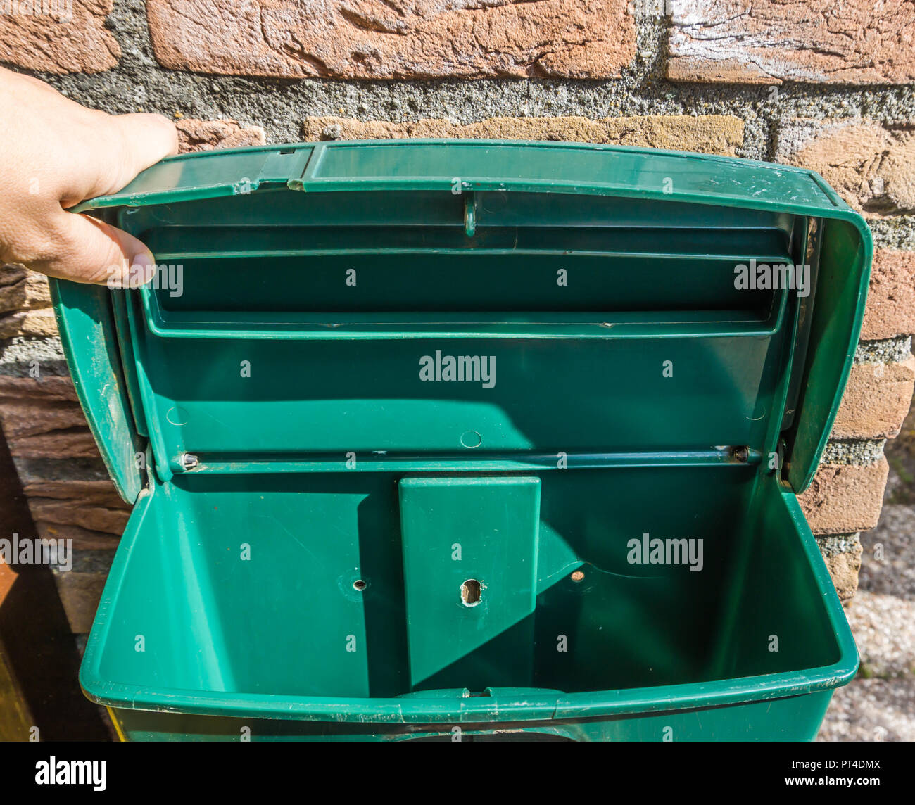 Green empty open mailbox closeup with nothing inside background texture ...
