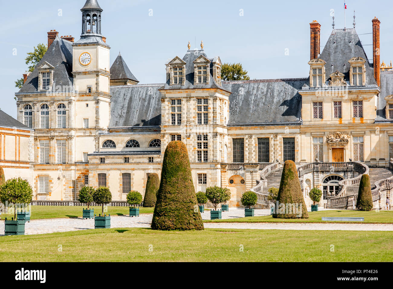 FONTAINBLEAU, FRANCE - August 28, 2017: View on the famous palace of ...