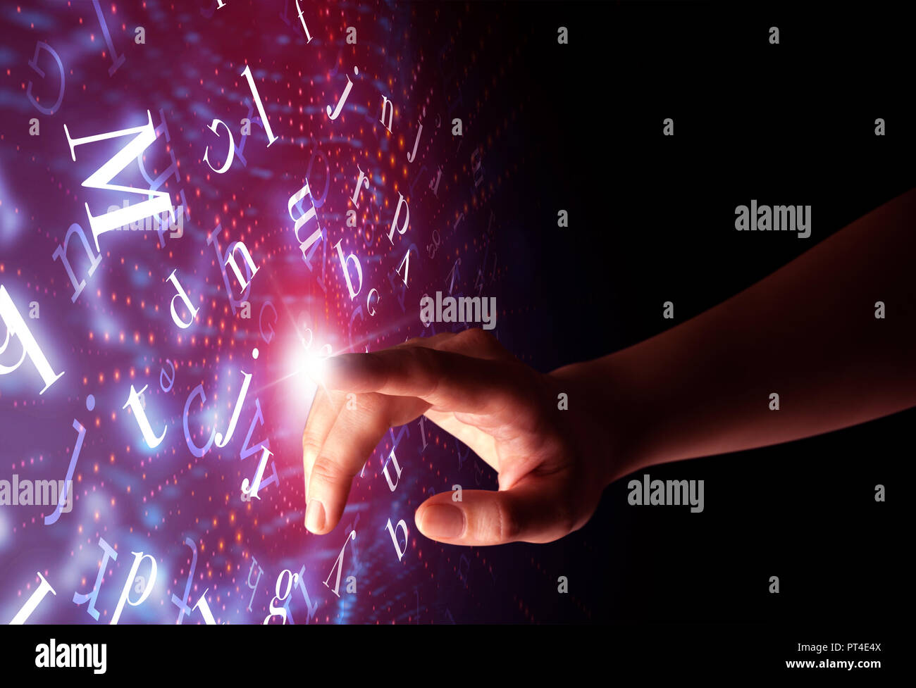 Female finger touching a beam of light surrounded by a pink background ...