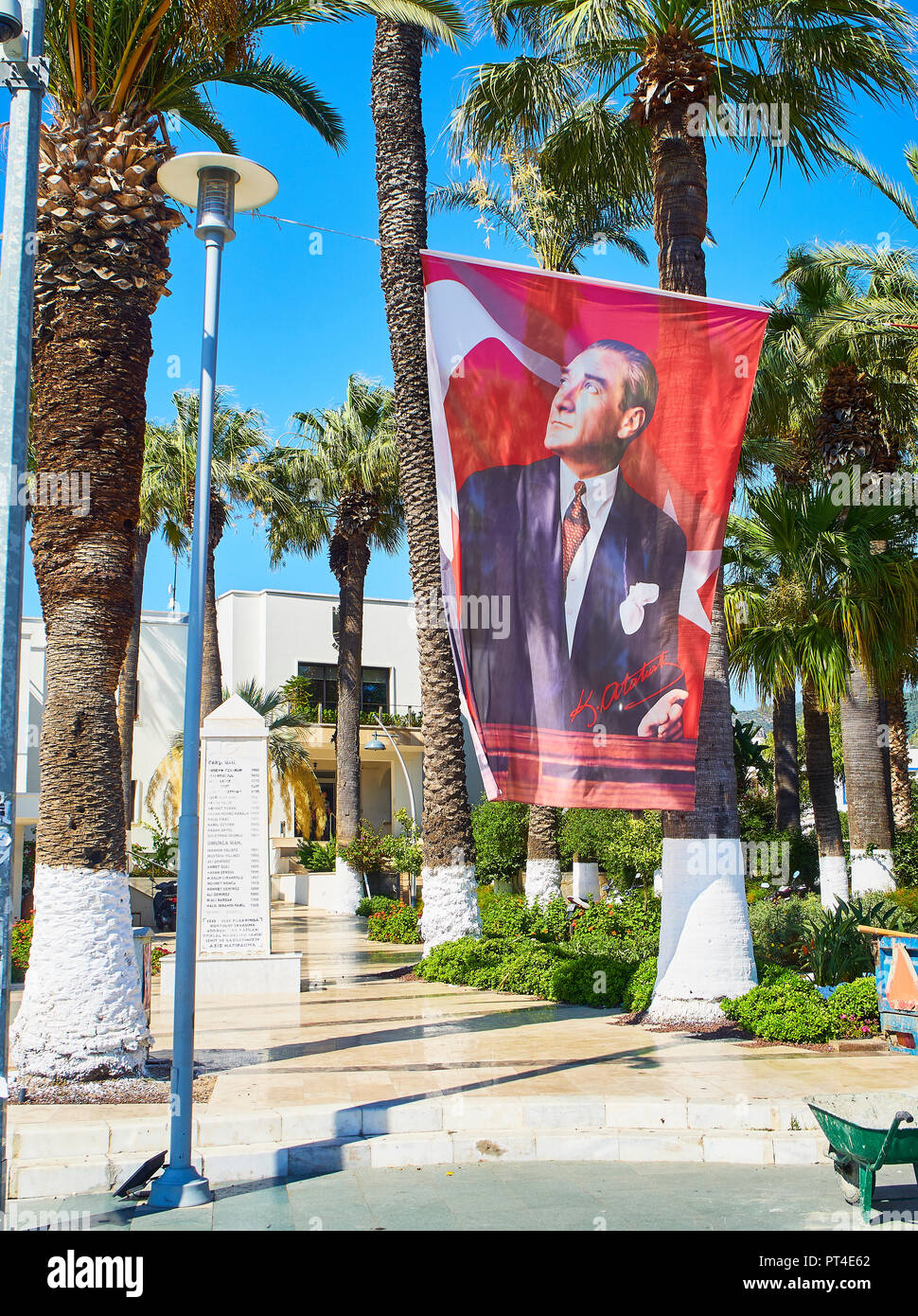 Bodrum, Turkey - July 6, 2018. Mustafa Kemal Ataturk flag in a square ...