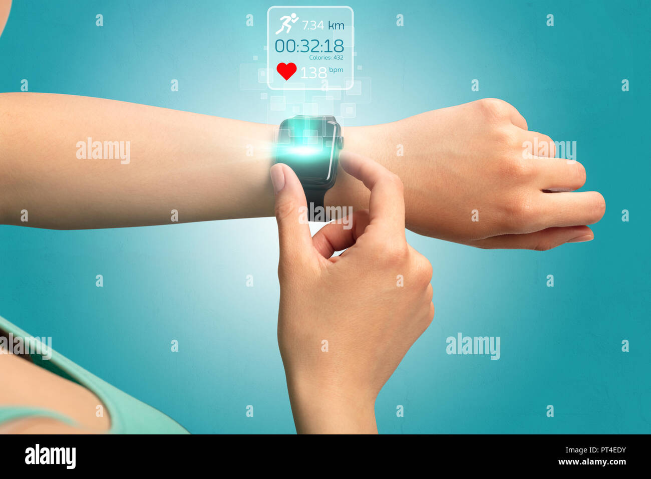 Female hand with smartwatch and running concept above Stock Photo - Alamy