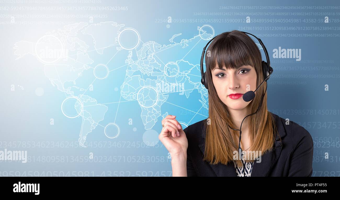 Young female telemarketer with blue background and world map and ...