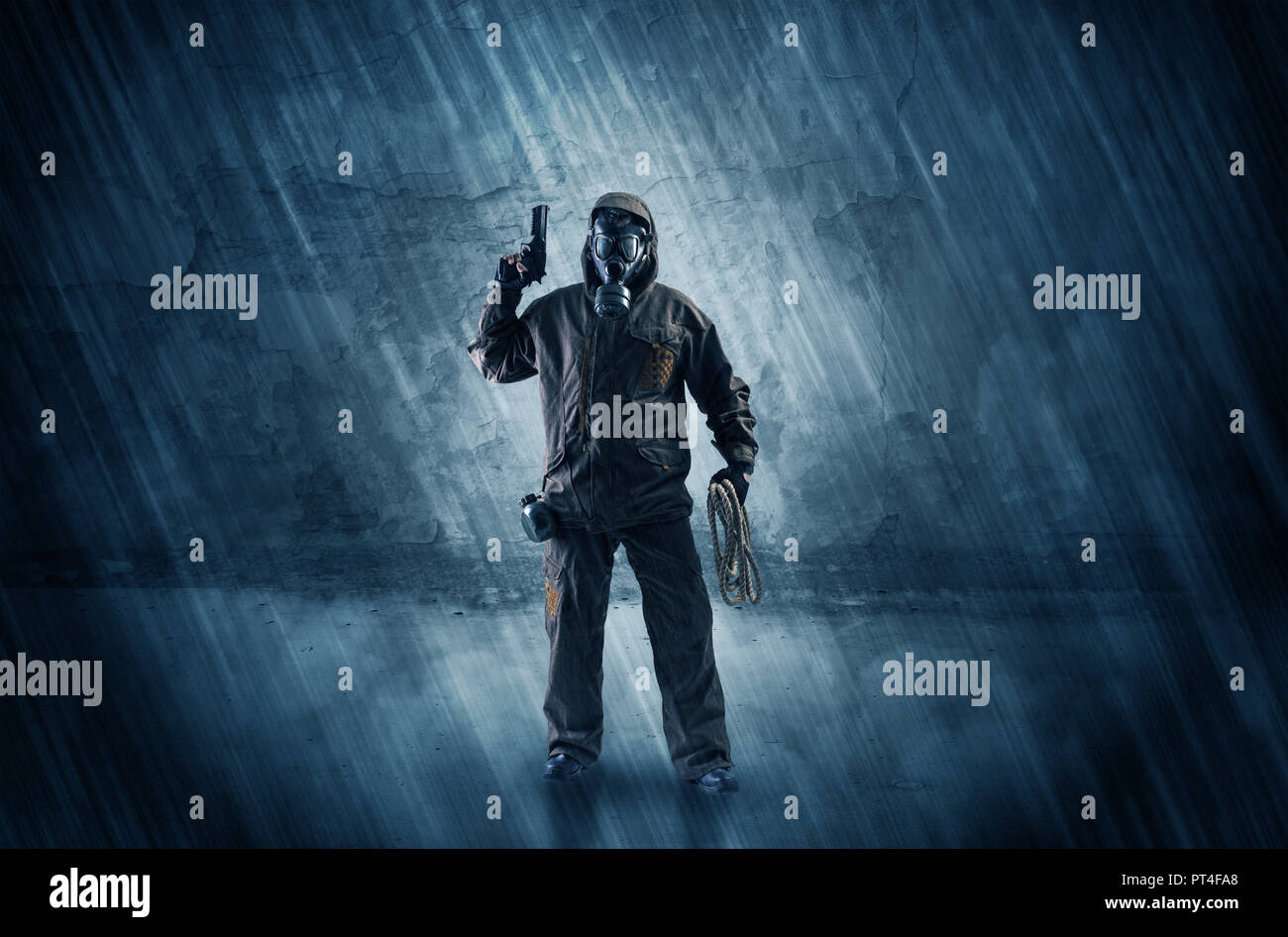 Big peril men in front of a crumbly wall with dangerous stuffs in his ...