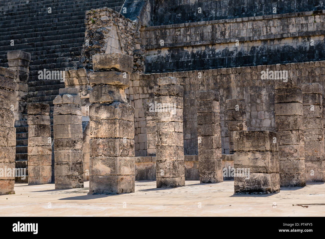Stone columns at Chichen Itza archeological site, Mexico Stock Photo ...