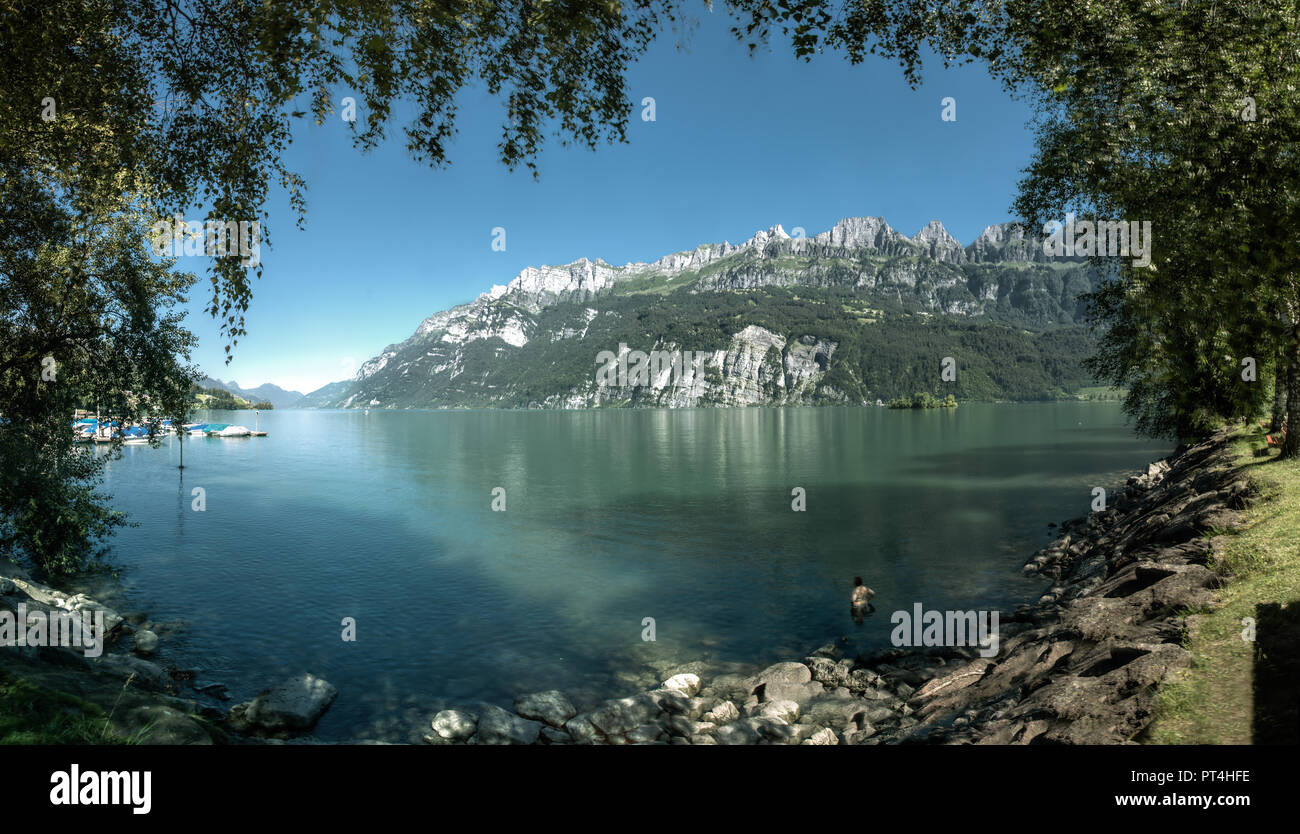 View of the Churfirsten across the Walensee from Mols, Swiss Alps Stock ...