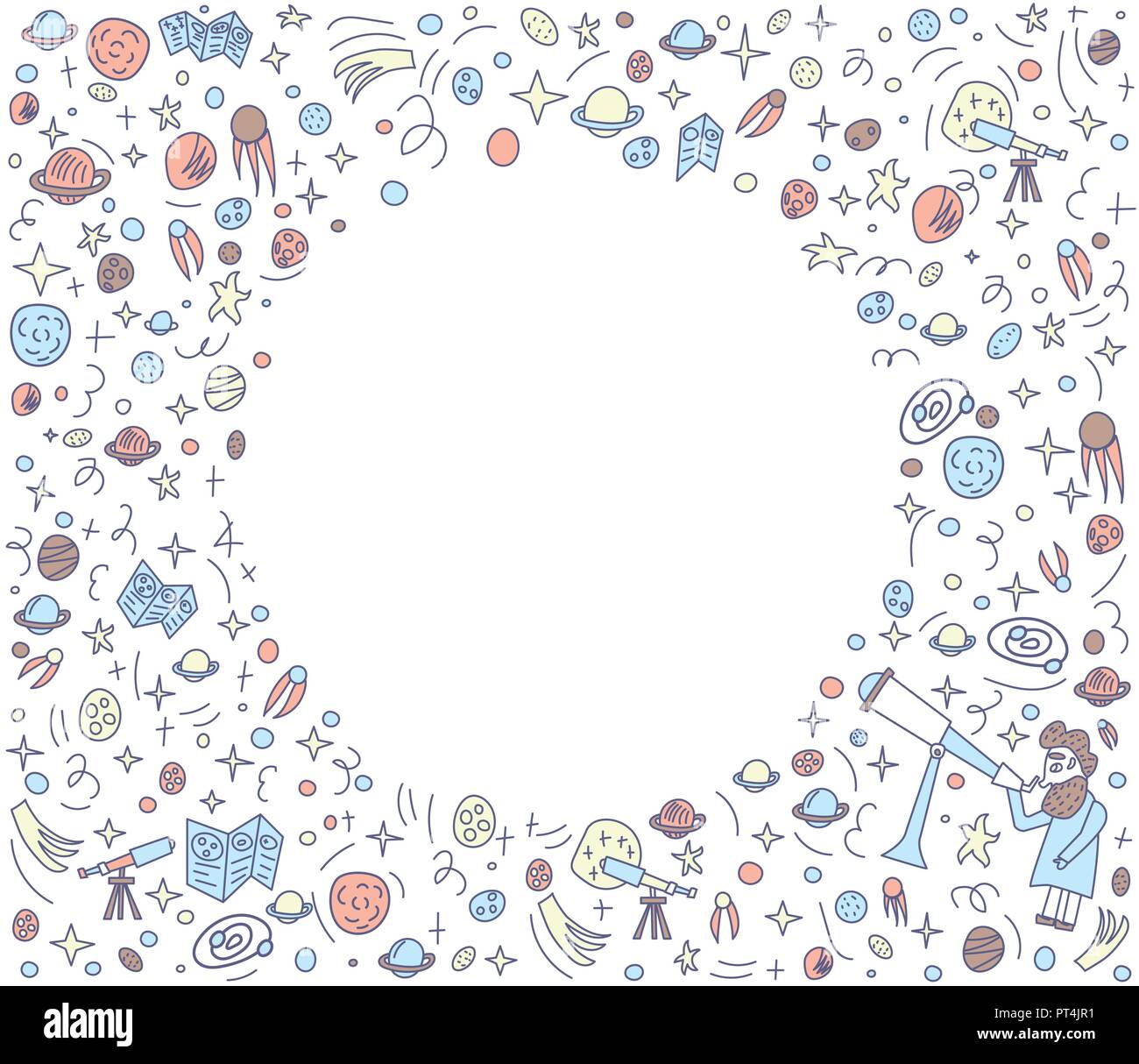 Vector design of astronomer and astronomic objects. Round frame with ...