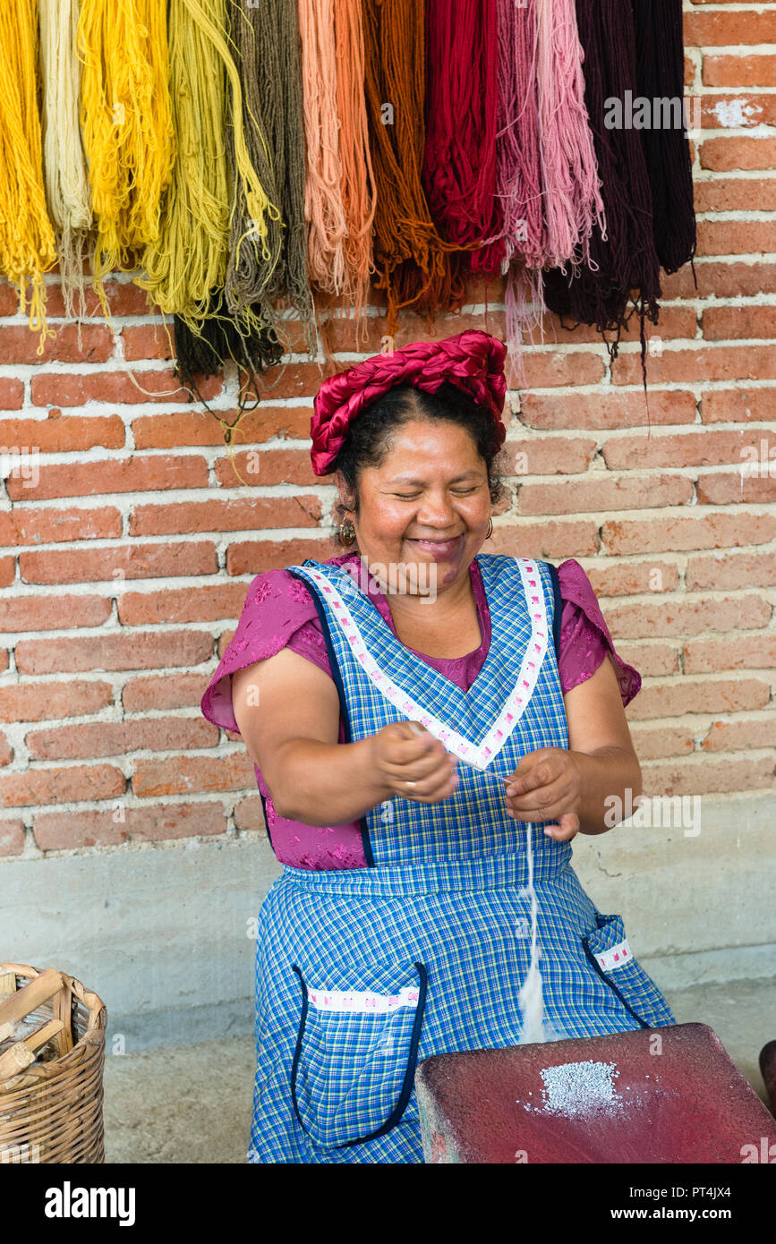 Woman preparing fabric for use in traditional Mexican weaving products ...