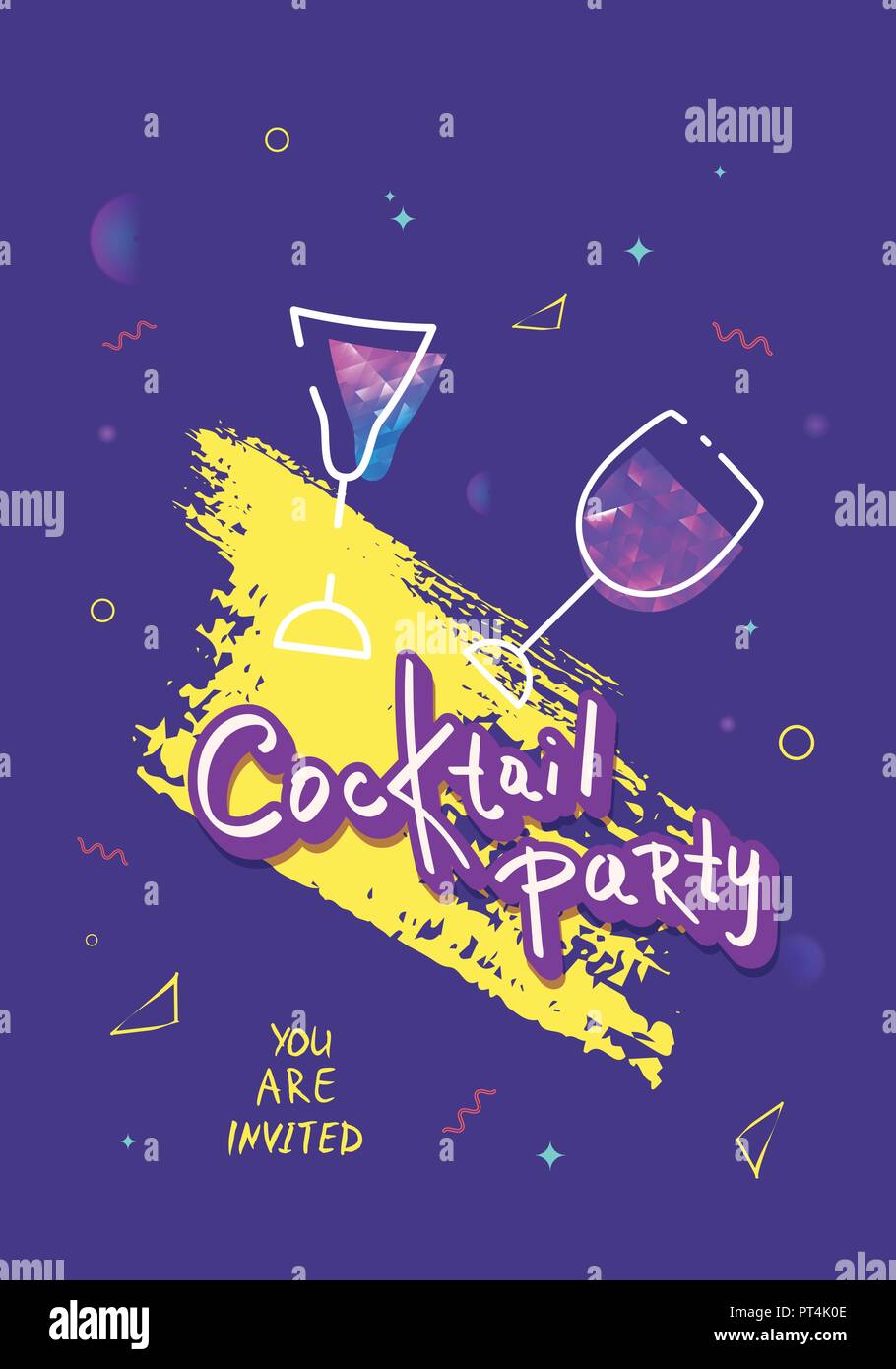 Cocktail party card template. Holiday banner with drink glasses, brush ...