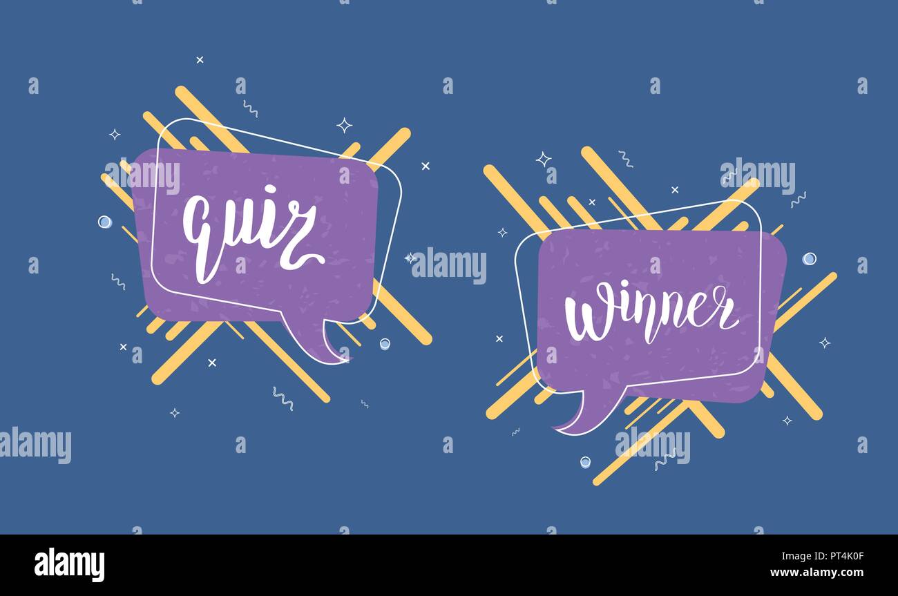 Quiz and Winner stickers. Handwritten lettering with speech bubble and ...