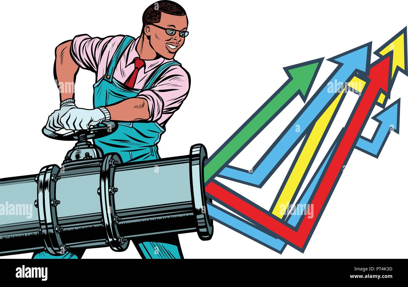 African businessman opens pipe, growth chart up. Plant and industry ...