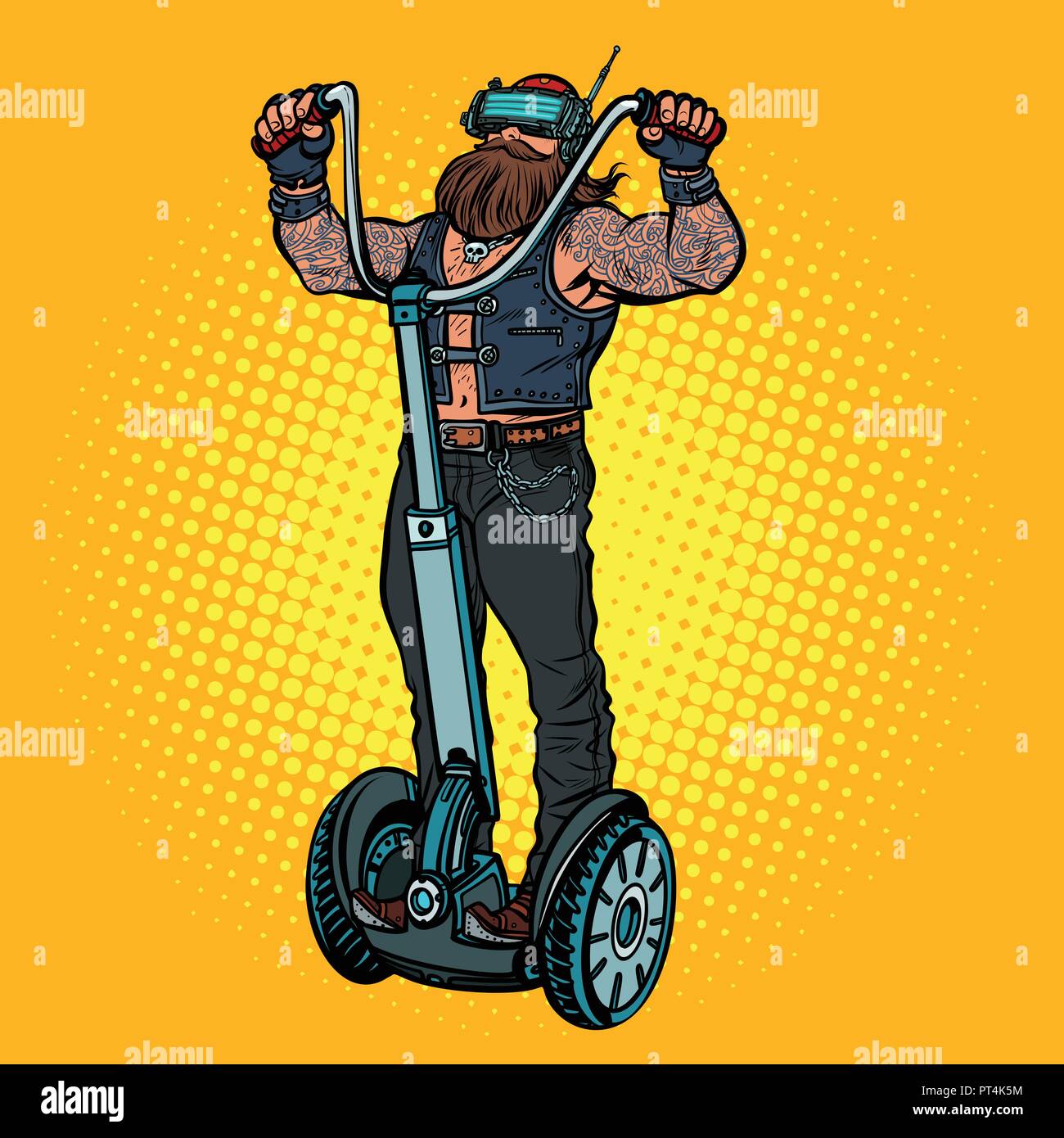 Biker on electric scooter, virtual reality, VR glasses. Pop art retro ...