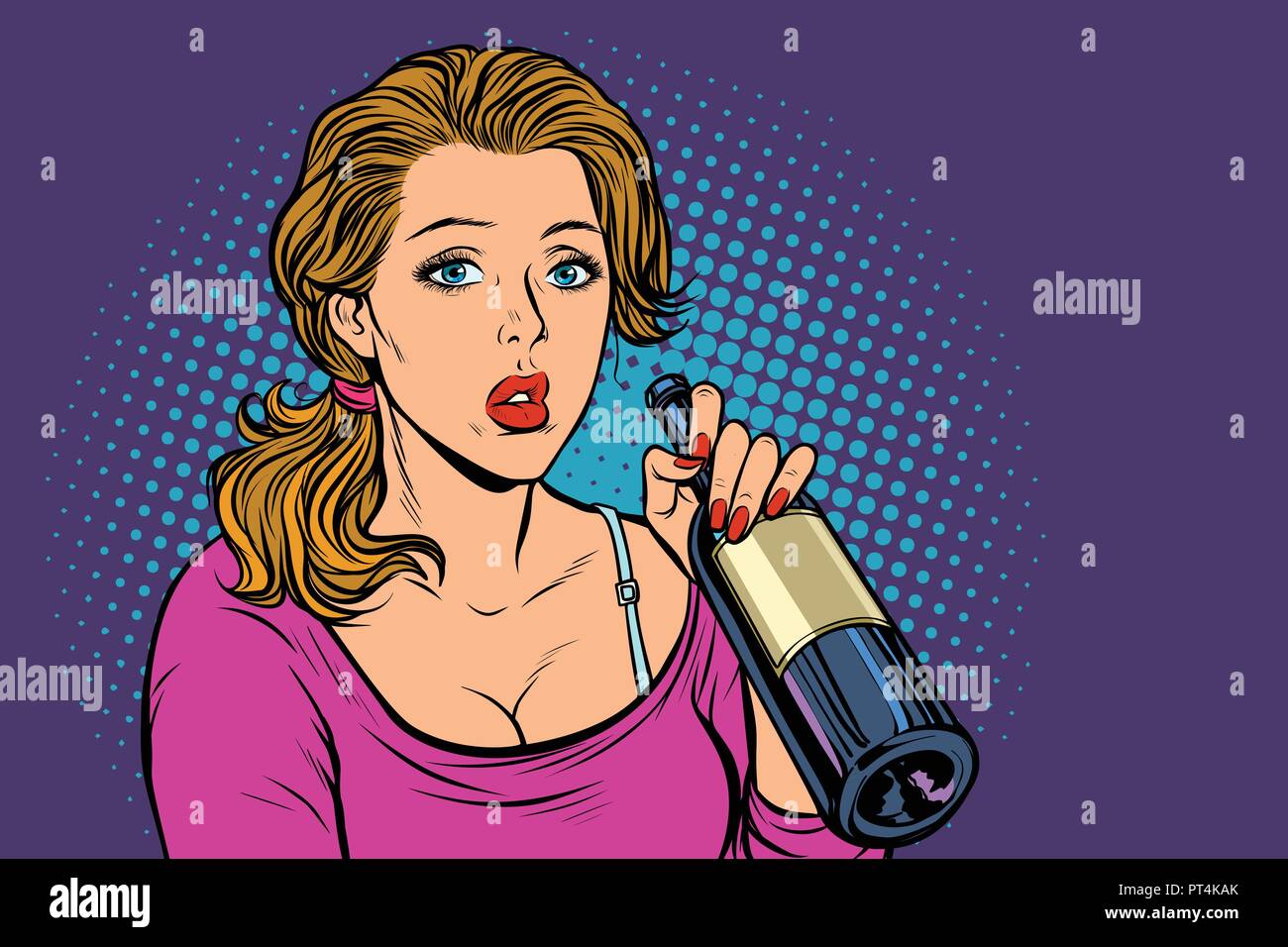 Woman drinking wine from a bottle. Loneliness and sadness. Pop art ...
