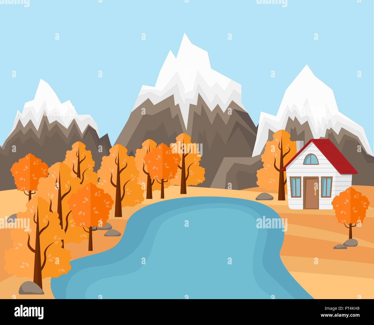 Flat Vector Landscape Illustration in Autumn. Country house near the ...