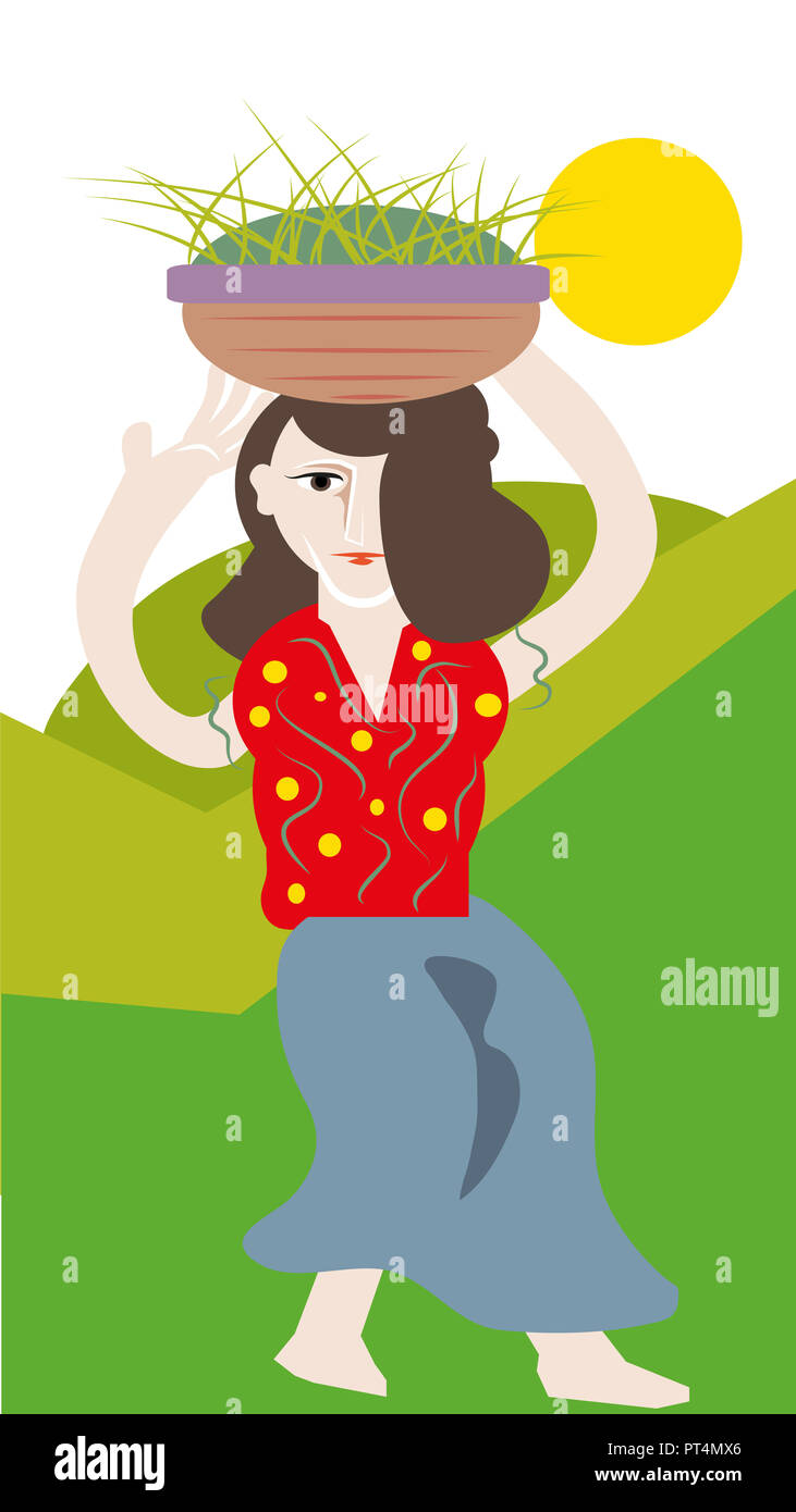 Villager woman. Villager woman carrying green grass over head Stock ...