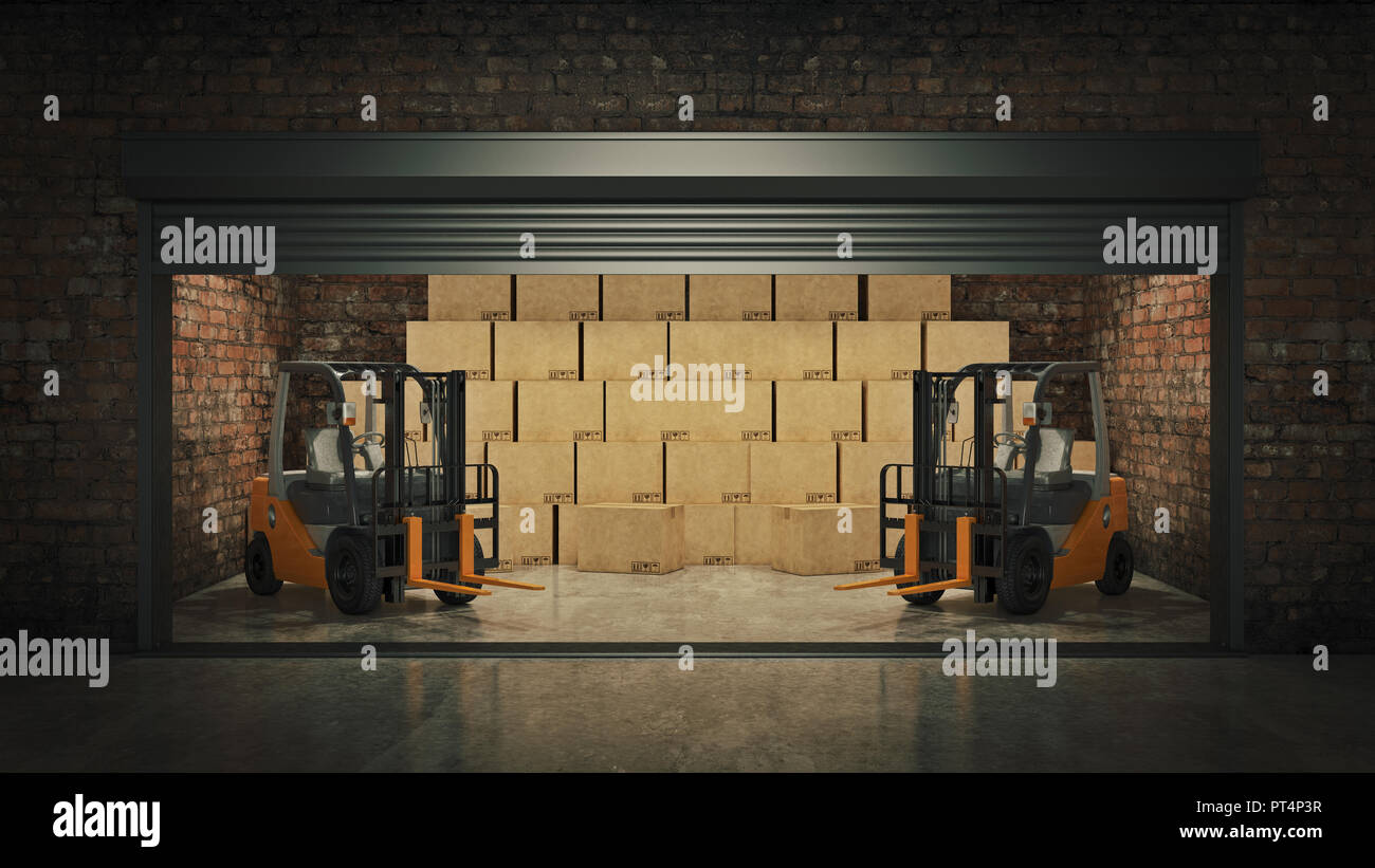 Open self storage unit full of cardboard boxes. 3d rendering Stock ...