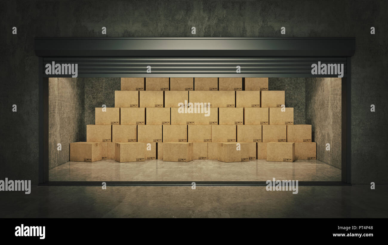 Open self storage unit full of cardboard boxes. 3d rendering Stock ...