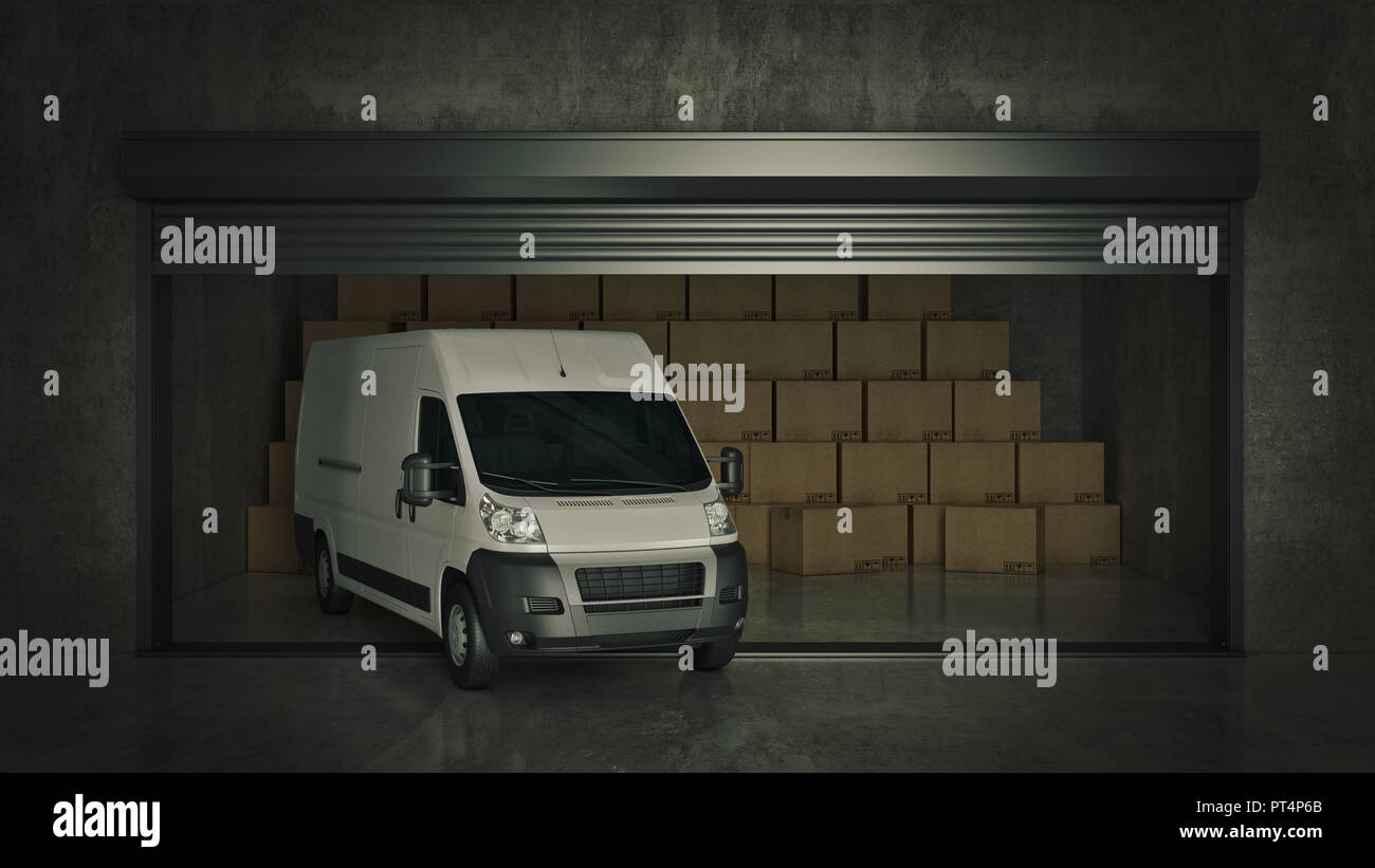 Open self storage unit full of cardboard boxes with truck. 3d rendering ...