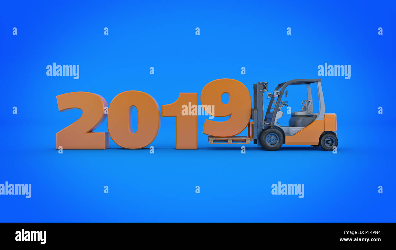 Modern forklift truck, 2019 New Year sign. 3d rendering Stock Photo - Alamy