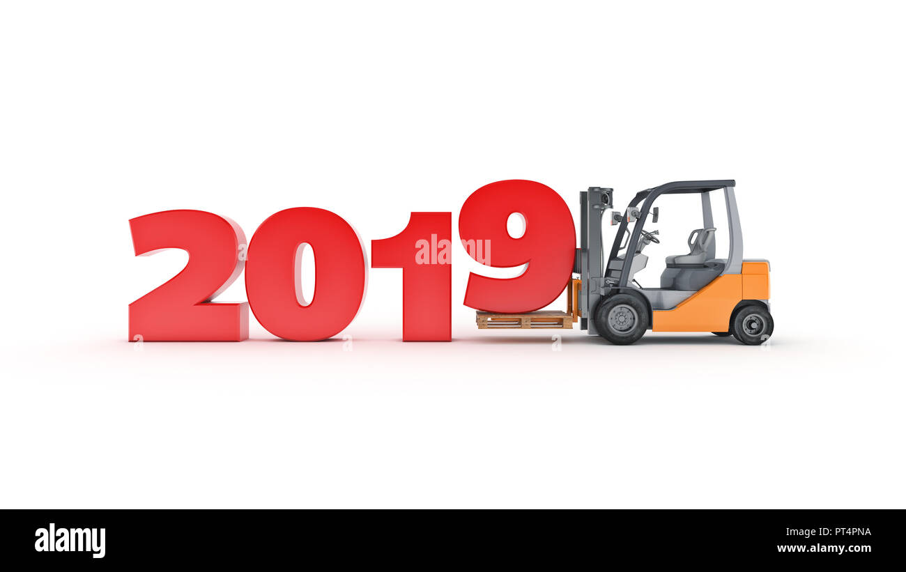 Modern forklift truck, 2019 New Year sign. 3d rendering Stock Photo - Alamy