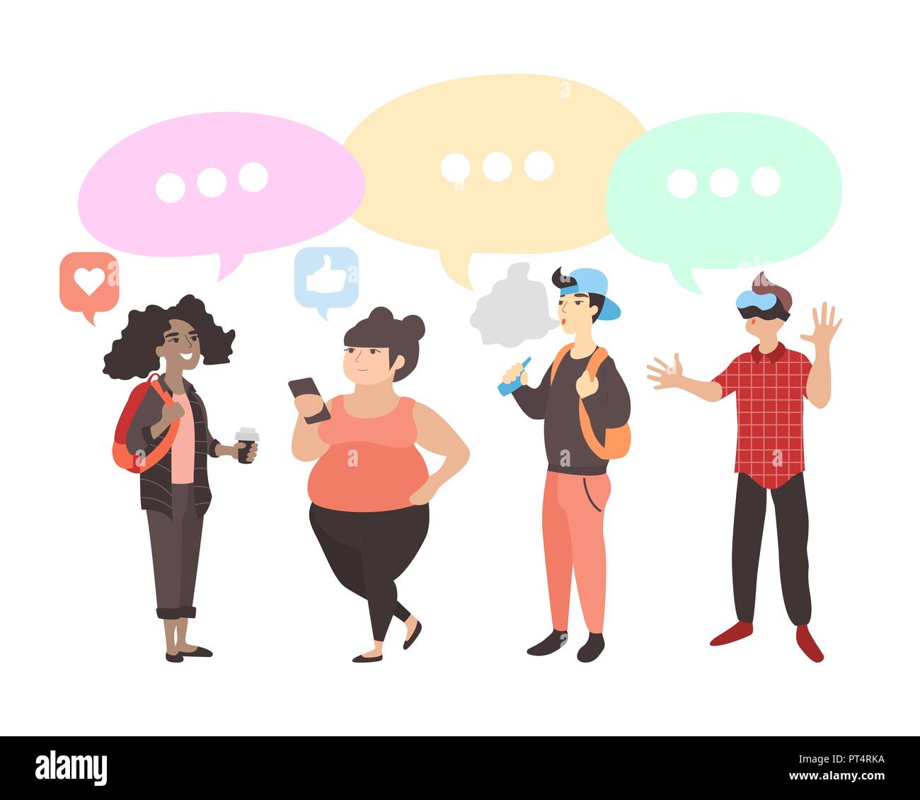 Vector set of teenagers with gadgets. Flat students with dialogue ...