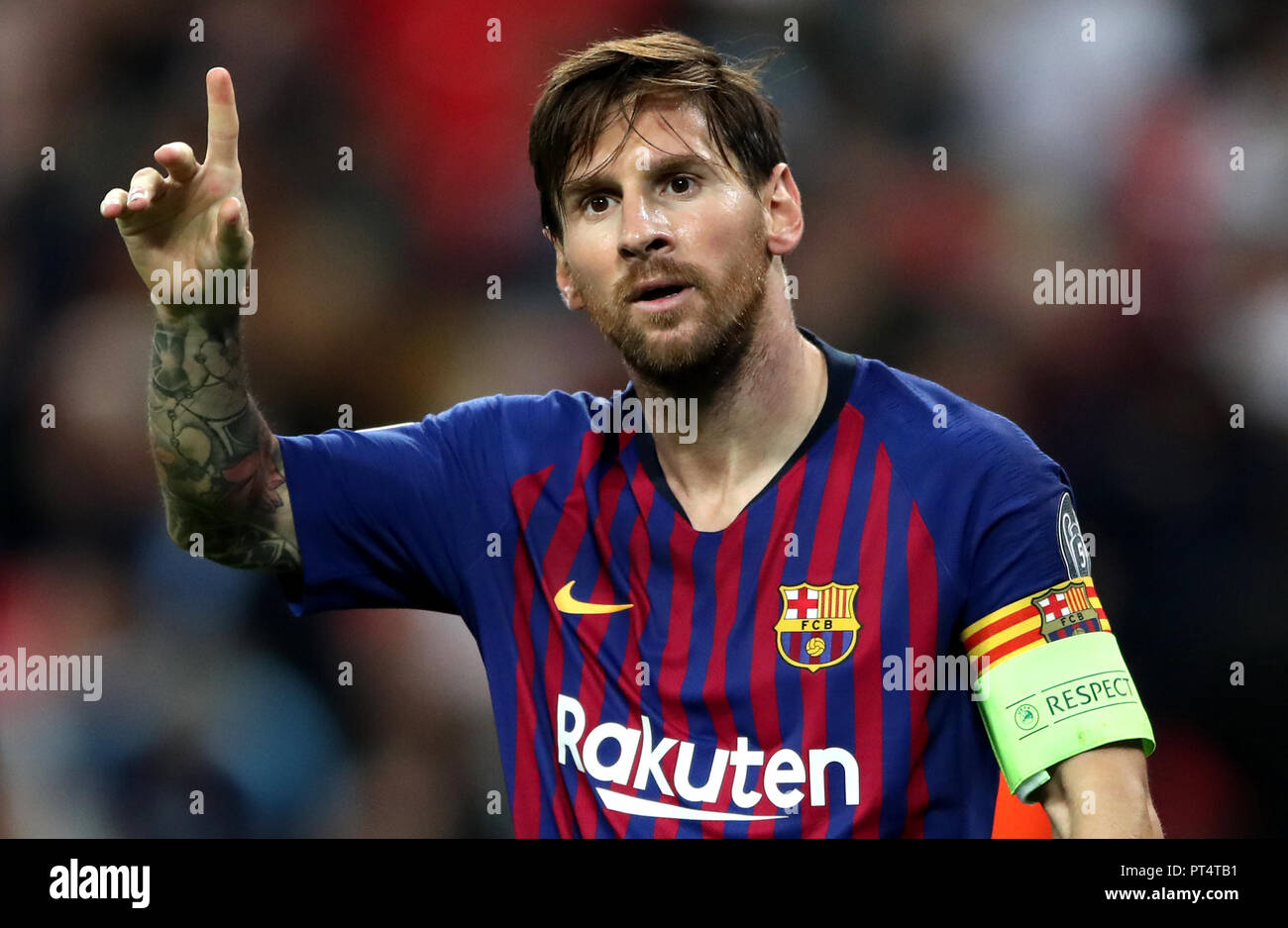 Barcelona's Lionel Messi celebrates scoring his sides fourth goal Stock ...