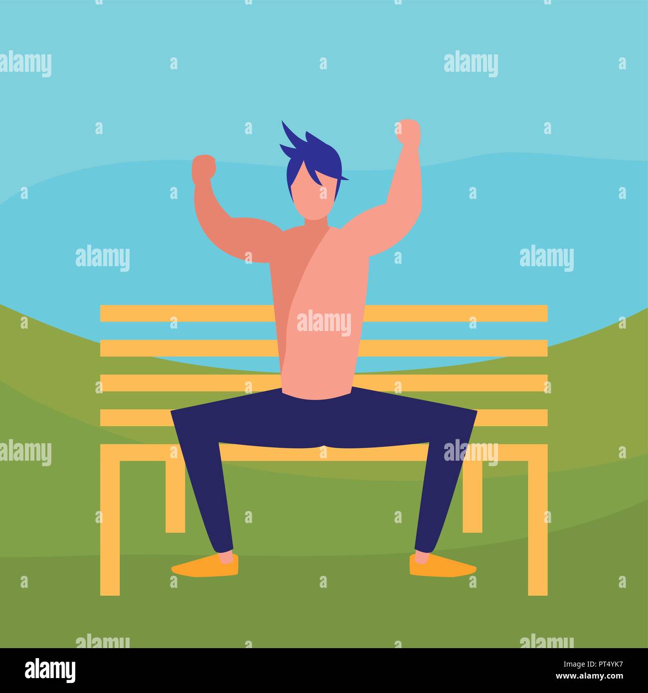 man sitting on a bench over landscape background, vector illustration ...