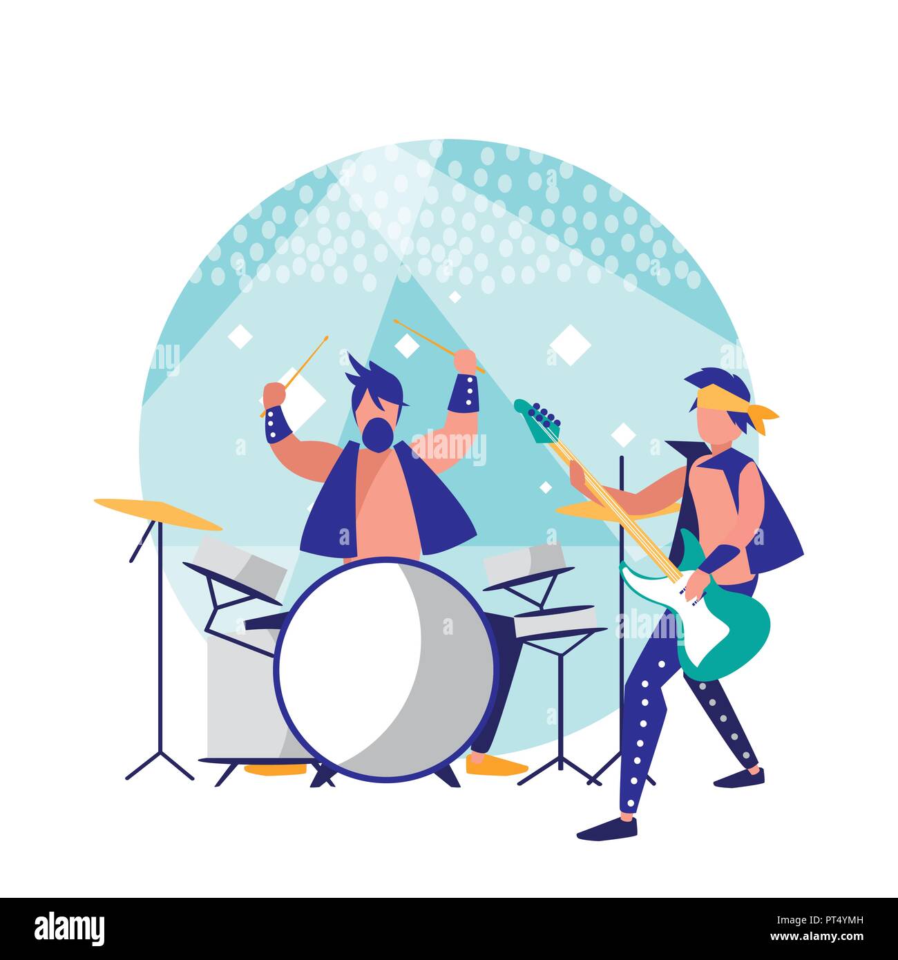 Rock band design with musician playing instruments and singing over ...