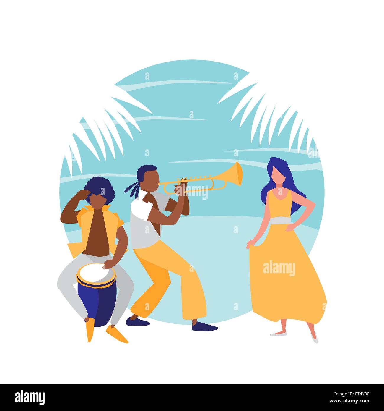 tropical band design with musician playing instruments and woman ...