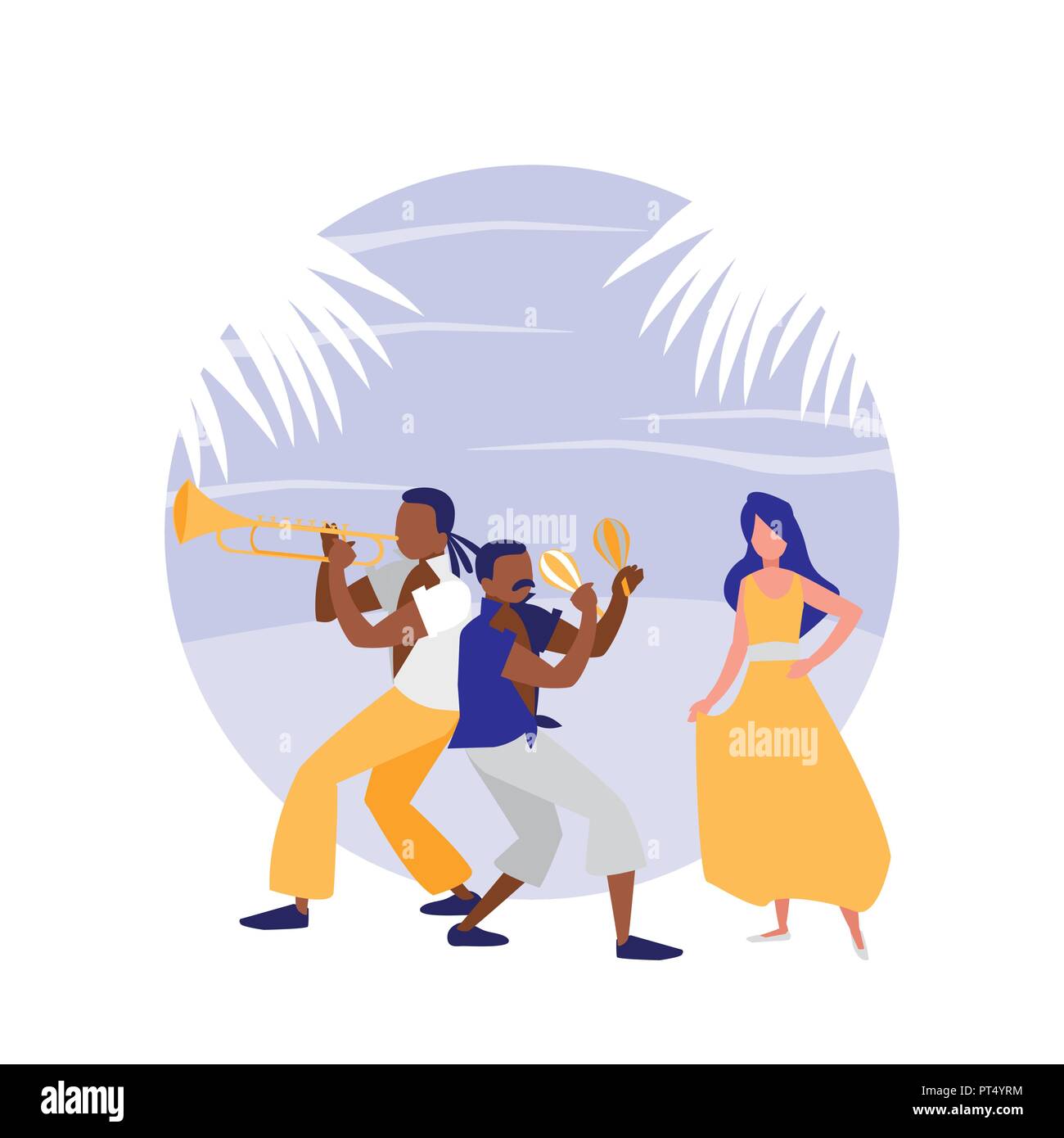 tropical band design with musicians and woman dancing over white ...