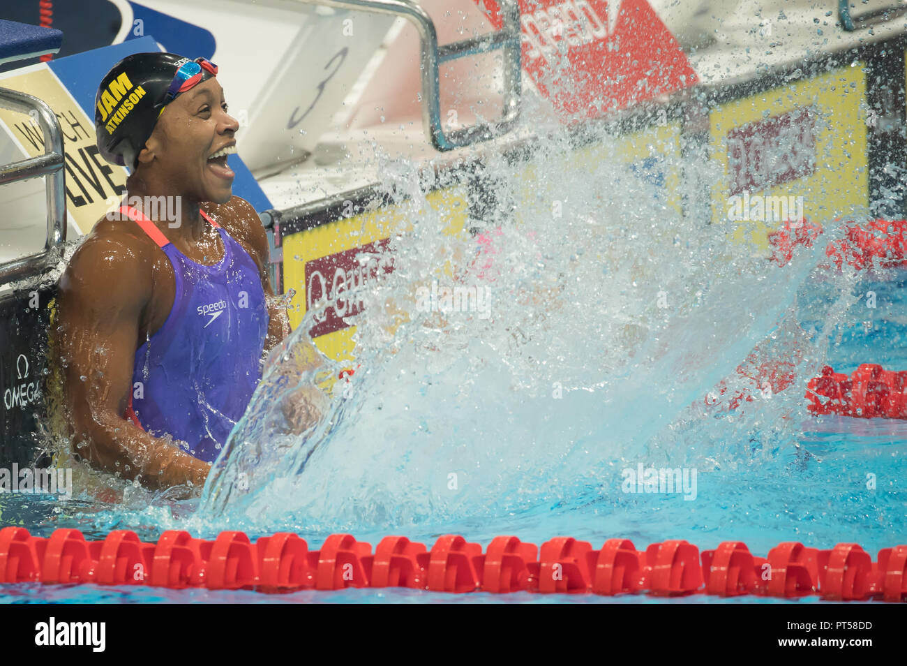 Budapest. 6th Oct, 2018. Alia Atkinson of Jamaica celebrates her ...