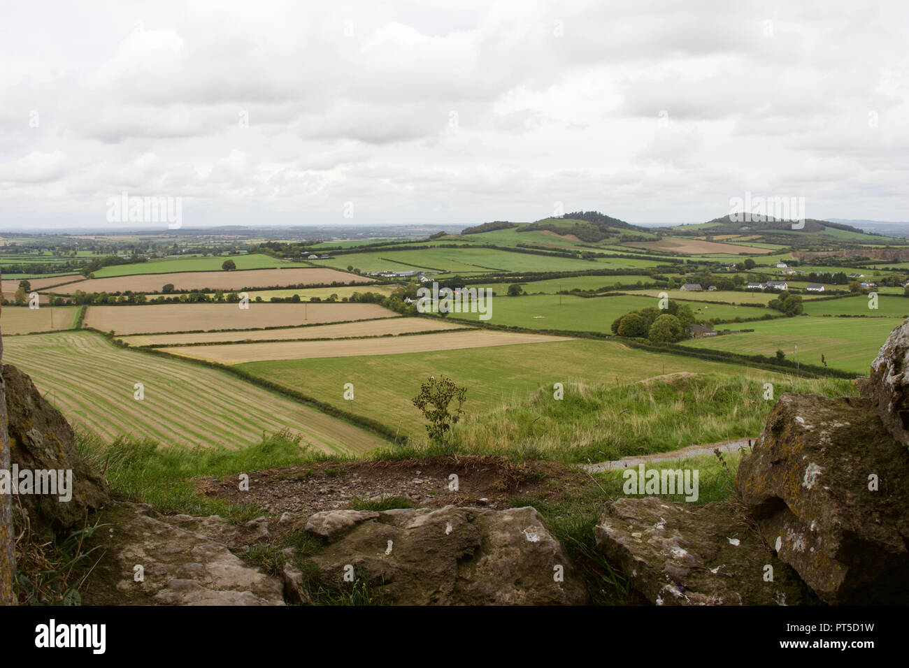 Modern Irish countryside landscape with ancient stone ruins in ...