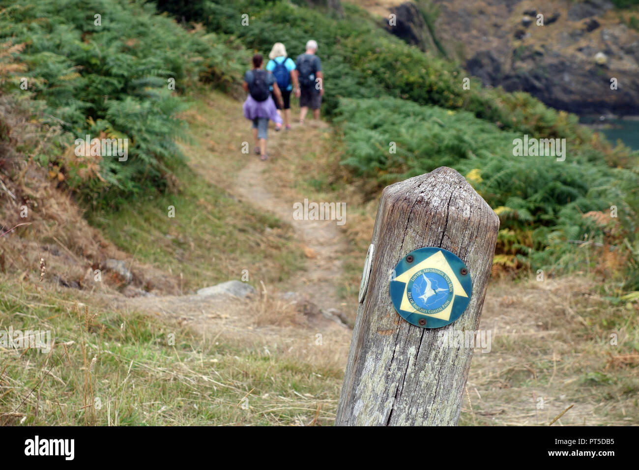 A Man & Two Women Hikers Walking by a Wooden Signpost on the Isle of ...