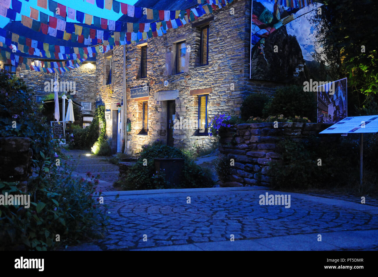 Illuminated buildings in the village of La Gacilly, Brittany, France ...