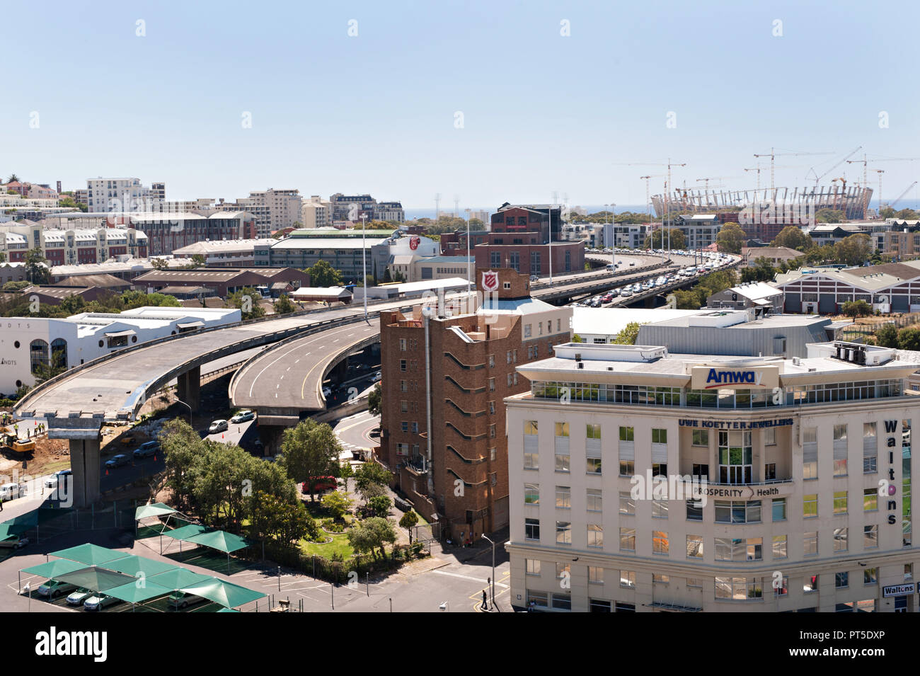 View of the city of Cape Town, an unfinished flyover motorway and ...