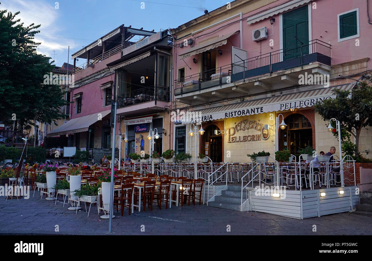 Fish restaurant at old town of Aci Trezza, evening, comune of Aci ...