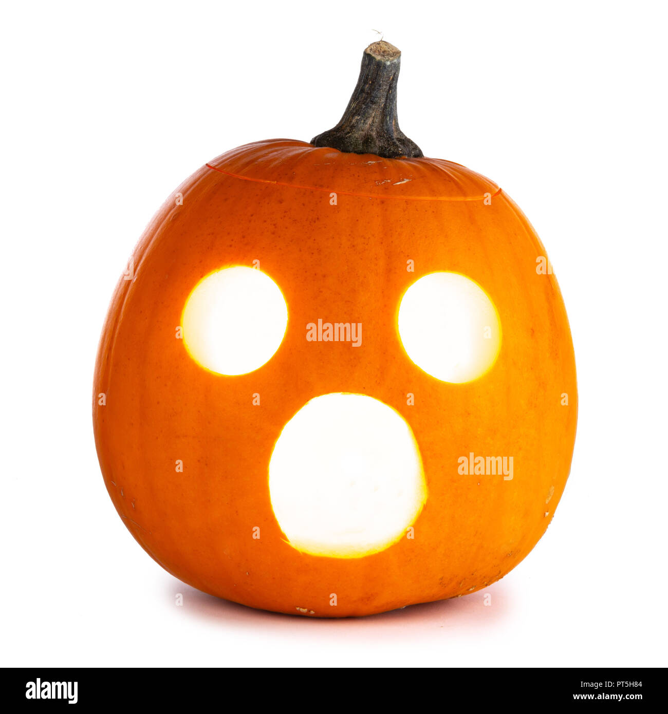 Shocked glowing halloween pumpkin isolated on white background Stock ...