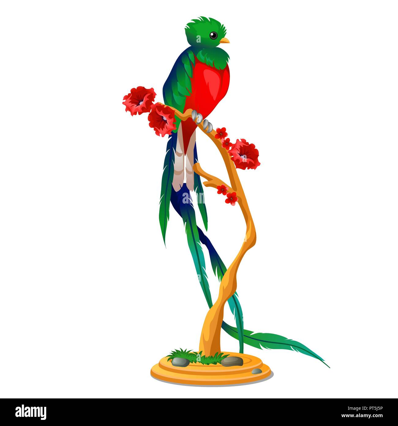 Beautiful bird of paradise sitting on a wooden perch with flowers ...