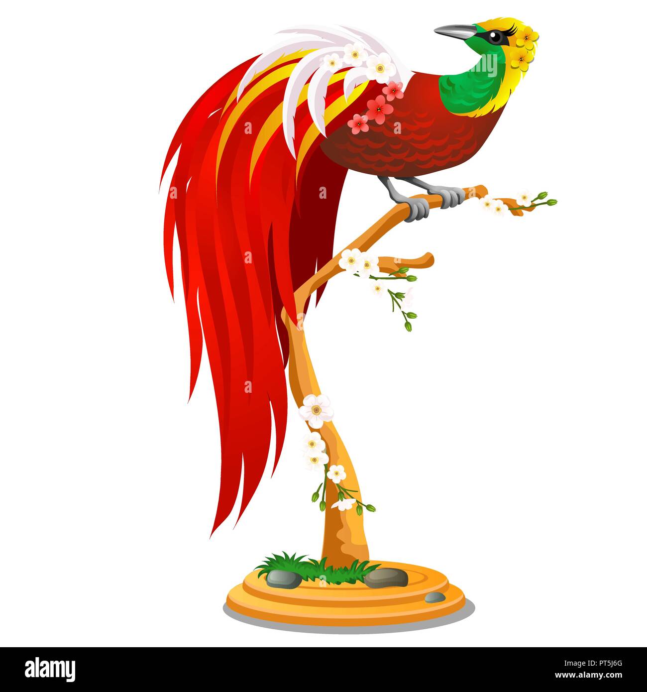 Beautiful bird of paradise sitting on a wooden perch with flowers ...