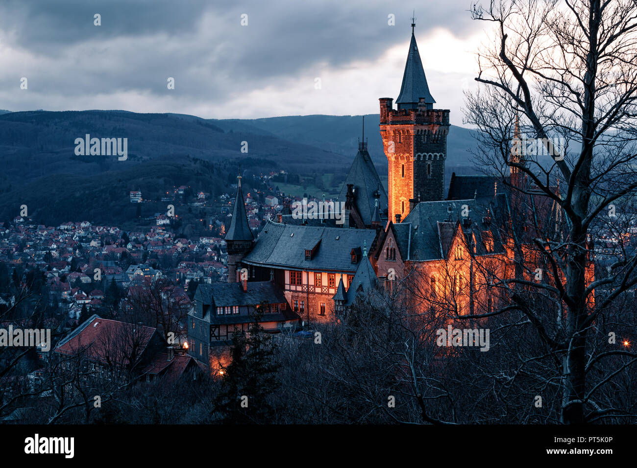 The landmark Wernigerode castle at dusk with lighting, Saxony-Anhalt ...