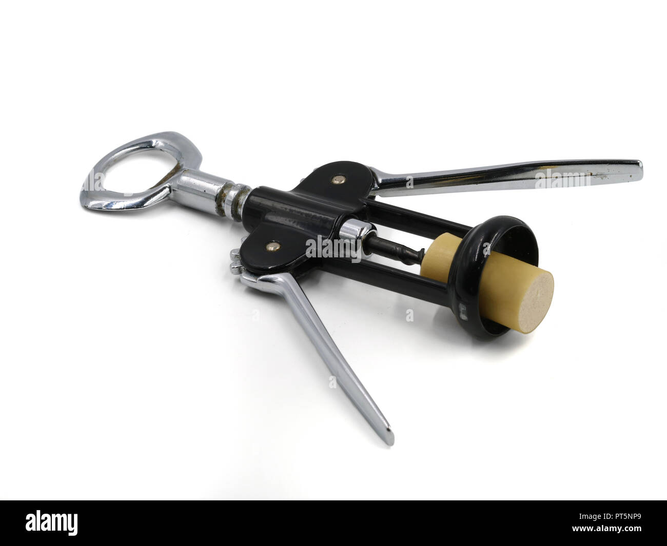 Metal corkscrew with a cork on white background Stock Photo - Alamy