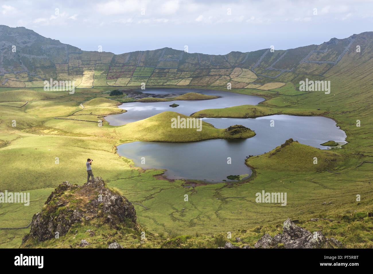 Volcano crater with a lake on the island of Corvo, Azores, Portugal ...