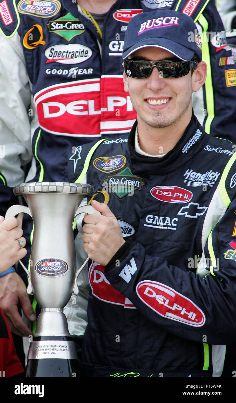 Kyle Busch celebrates in victory lane after winning the NASCAR Busch ...