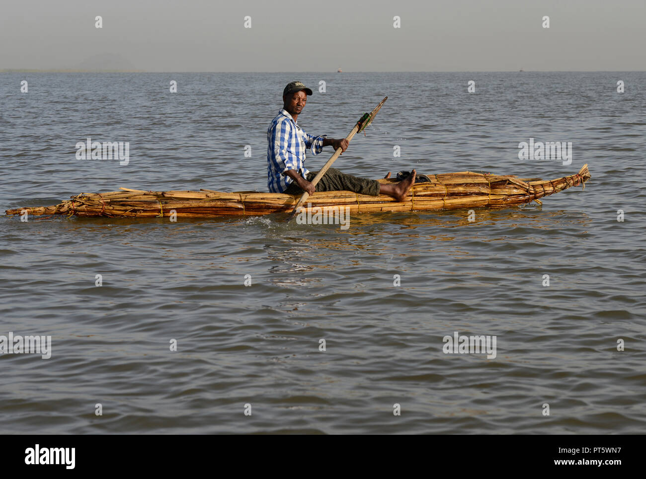 ETHIOPIA , Bahar Dar, lake Tana, fisherman with papyrus boat ...