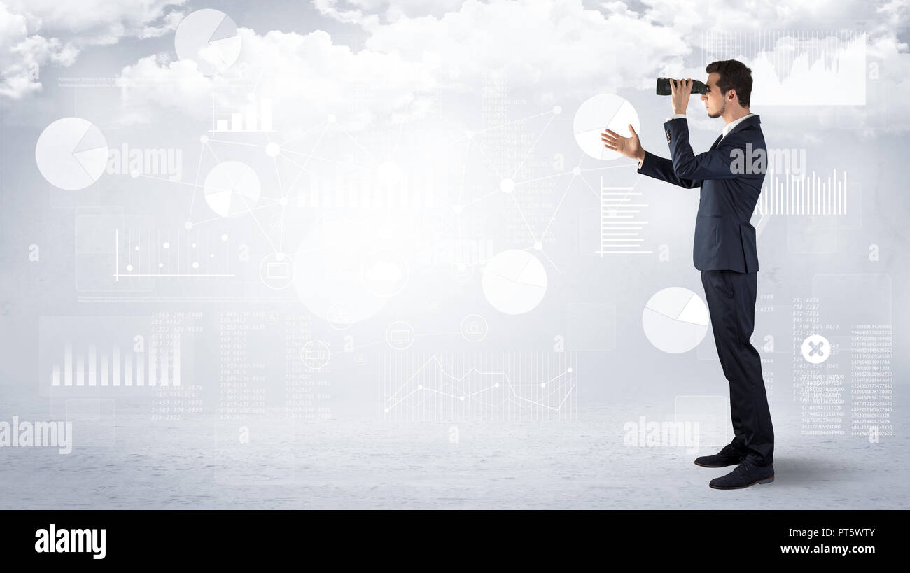 Businessman looking forward with binoculars cloudy background and ...