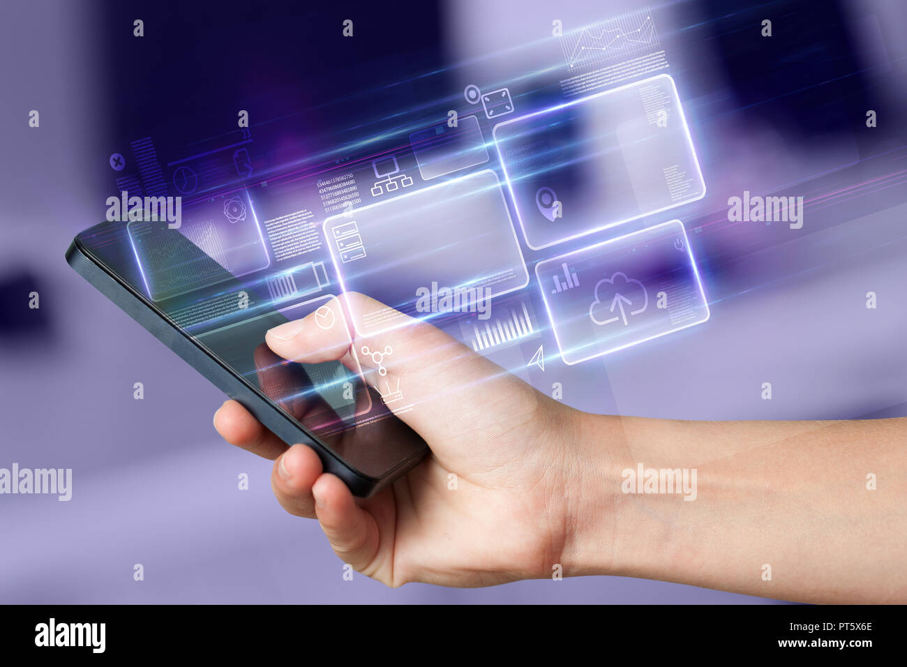 Hand using phone with database reports and online work concept Stock ...