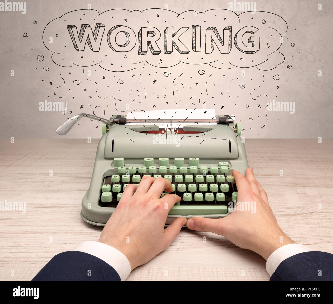 First person perspective hand writing on typewriter with cloud message ...