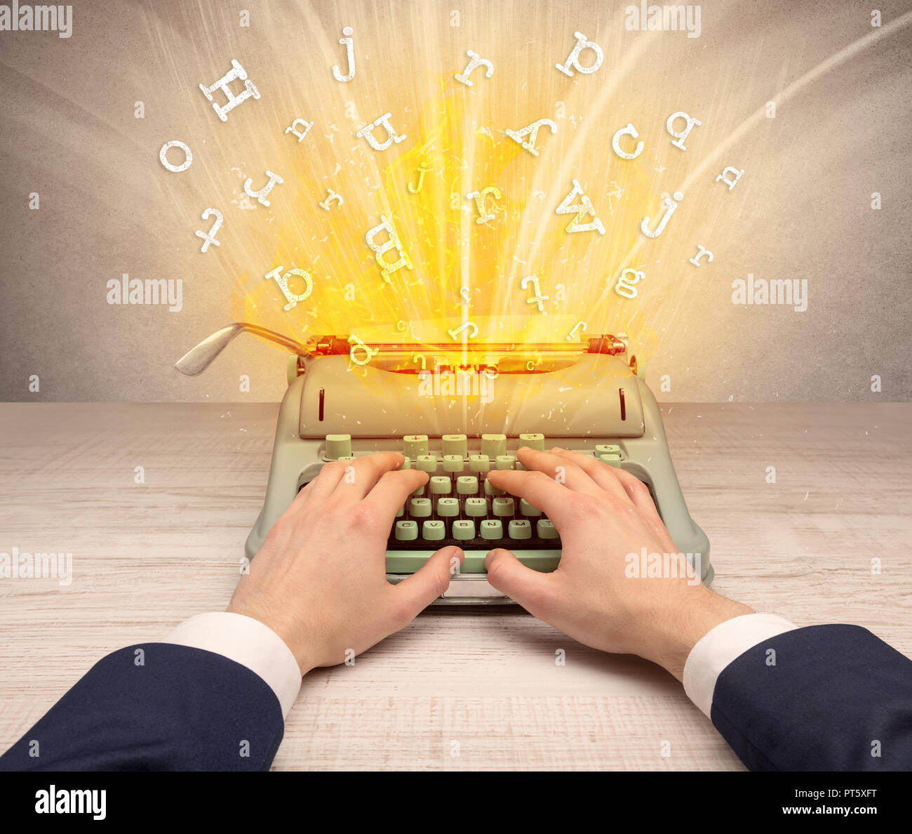 First person perspective image with exploding letters from a vintage ...